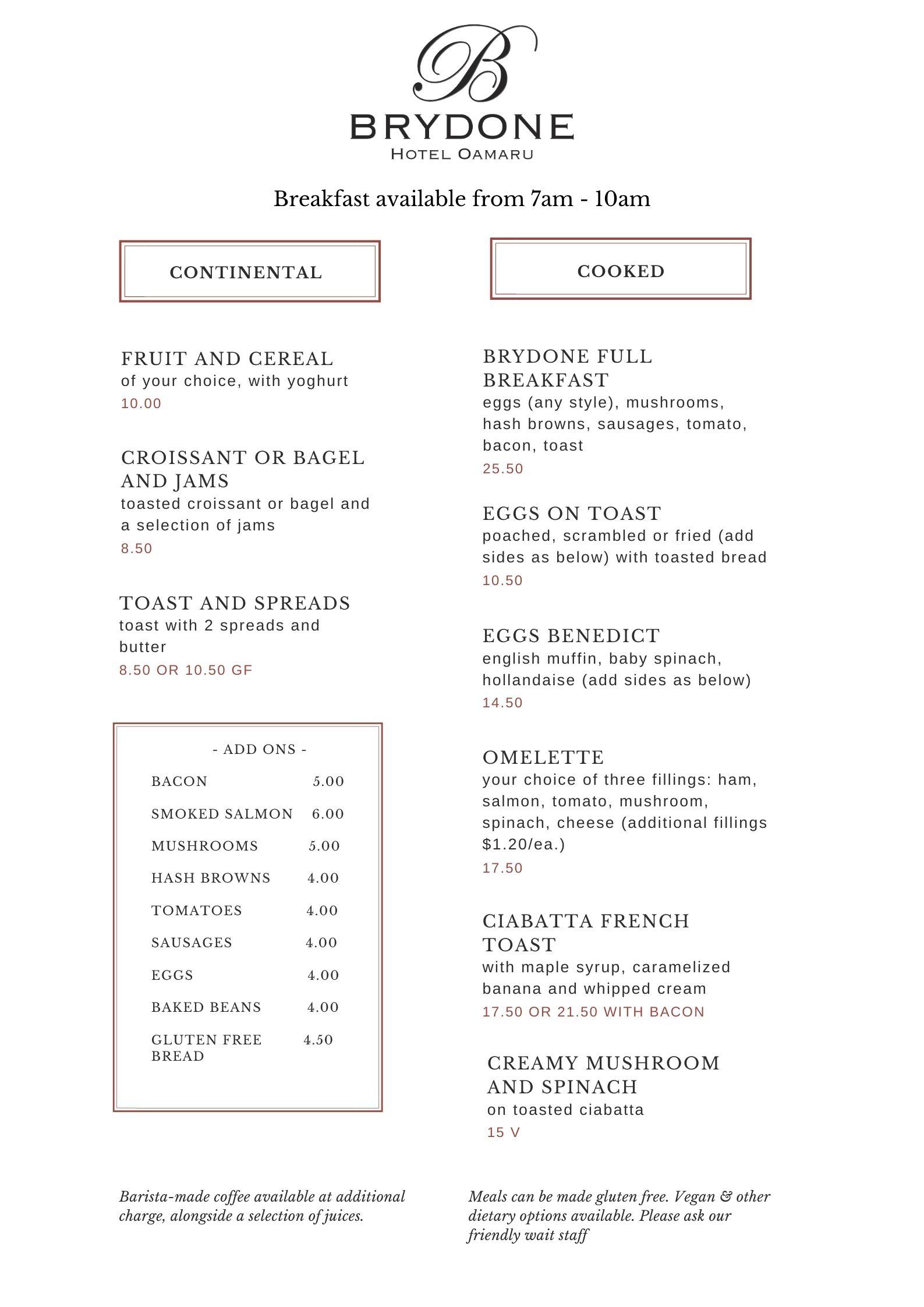 Dining Menus | The Brydone Hotel Oamaru