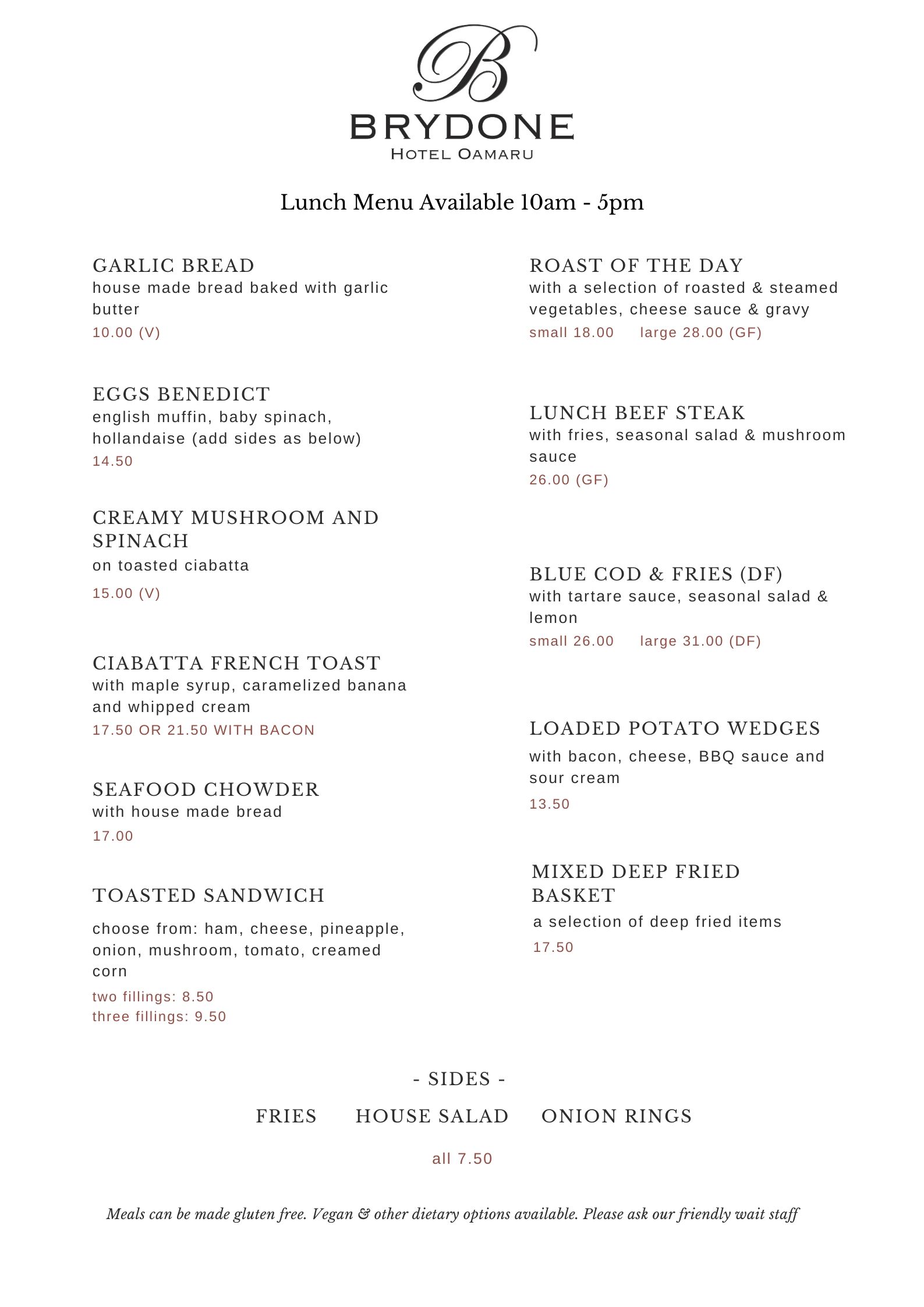 Dining Menus | The Brydone Hotel Oamaru