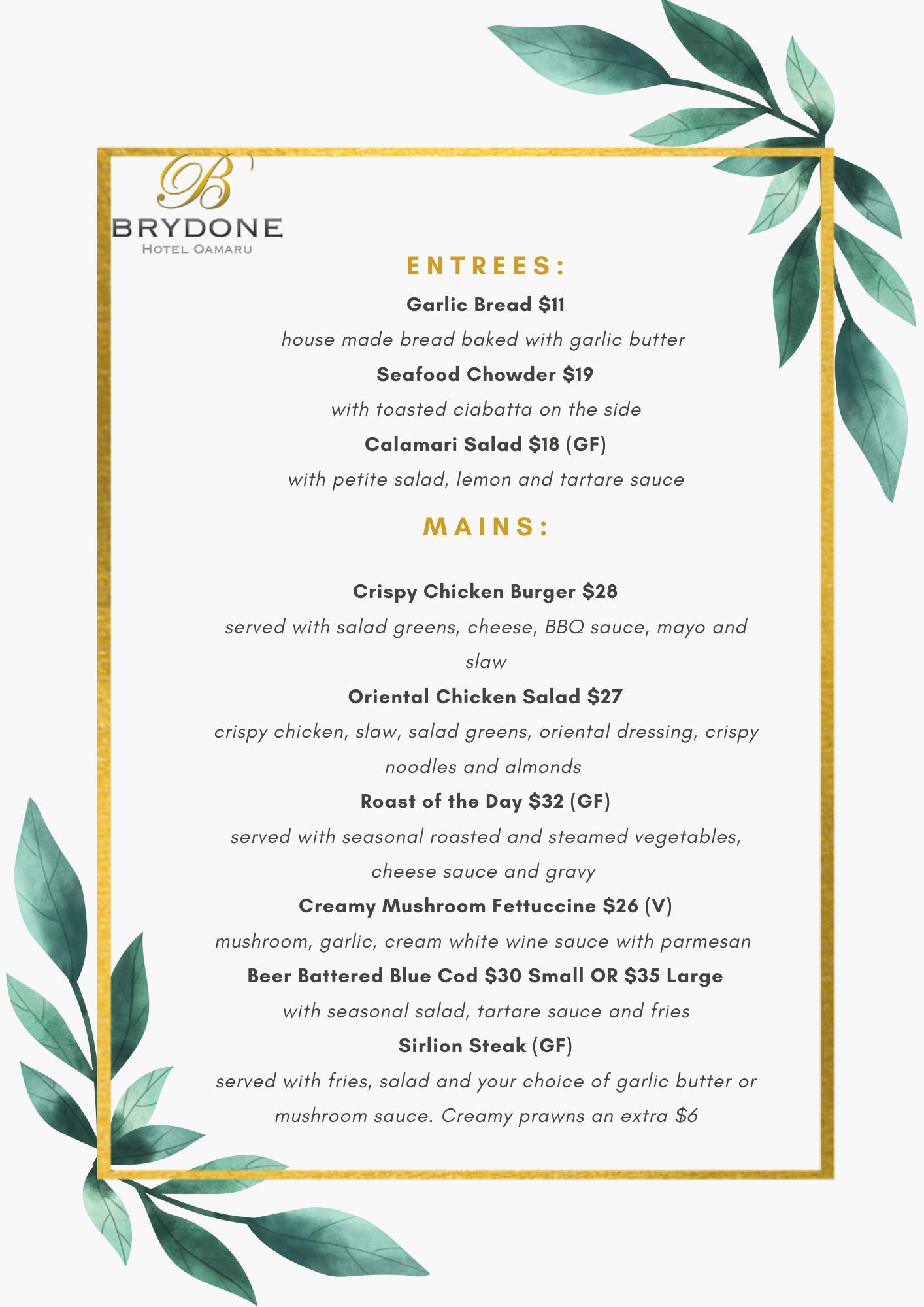 Dining Menus | The Brydone Hotel Oamaru